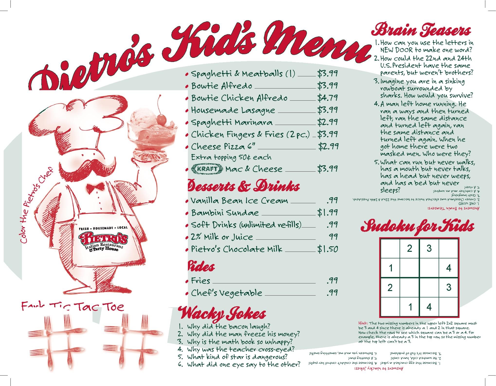 Kid's Menu - Pietro's Italian Restaurant